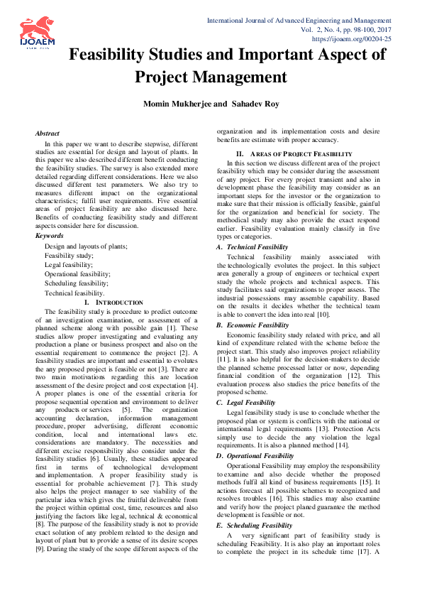 (PDF) Feasibility Studies and Important Aspect of Project Management