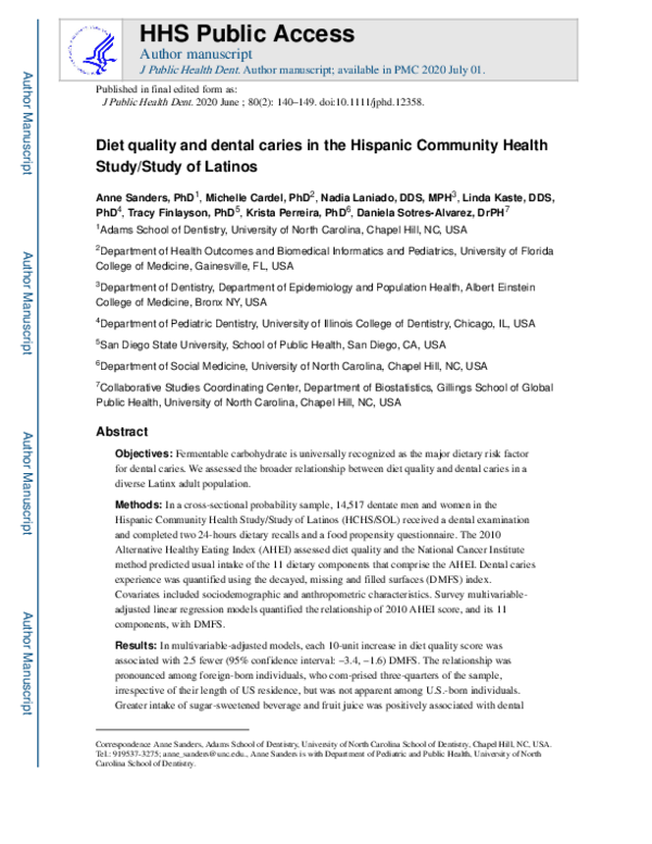 (PDF) Diet quality and dental caries in the Hispanic Community Health ...