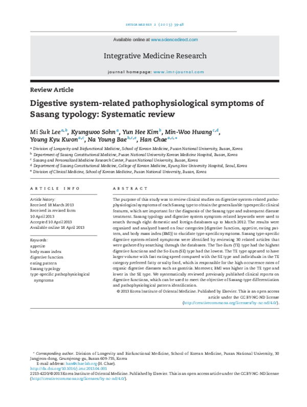 (PDF) Digestive system-related pathophysiological symptoms of Sasang typology: Systematic review