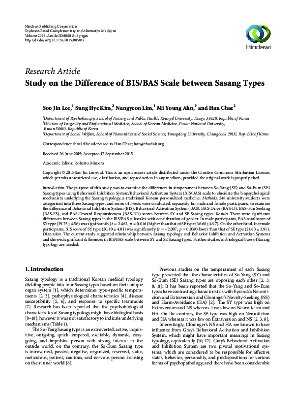 (PDF) Study on the Difference of BIS/BAS Scale between Sasang Types