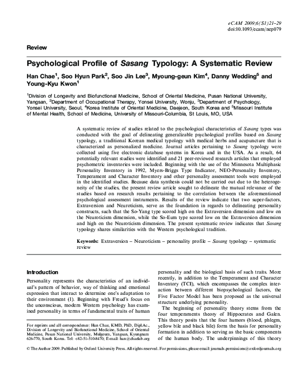 (PDF) Psychological Profile of Sasang Typology: A Systematic Review