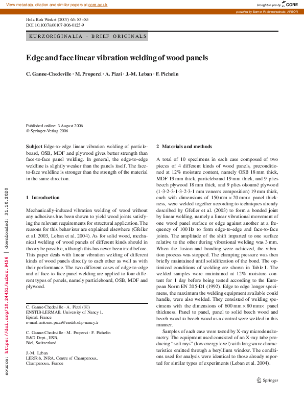 (PDF) Edge and face linear vibration welding of wood panels