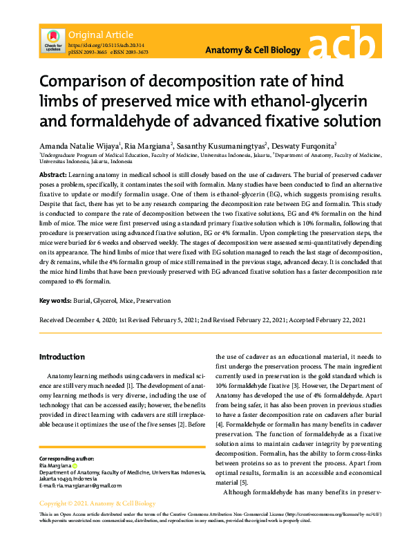 (PDF) Comparison of decomposition rate of hind limbs of preserved mice ...