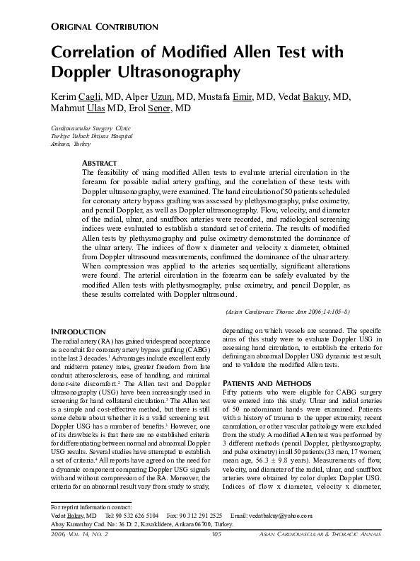 (PDF) Correlation of Modified Allen Test with Doppler Ultrasonography