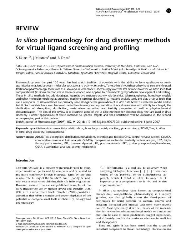 (PDF) In silico pharmacology for drug discovery: methods for virtual ligand screening and profiling