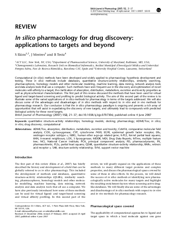 (PDF) In silico pharmacology for drug discovery: applications to ...