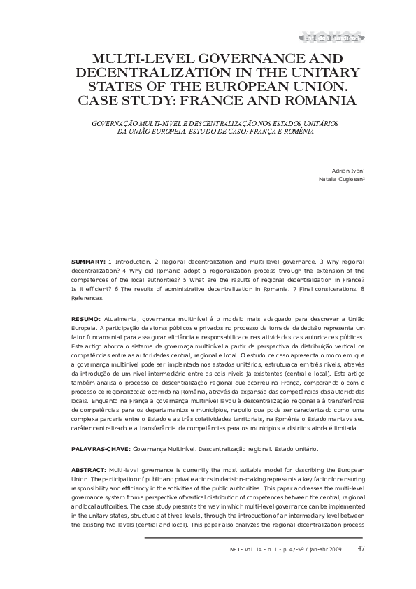 (PDF) Multi-Level Governance and Decentralization in the Unitary States ...