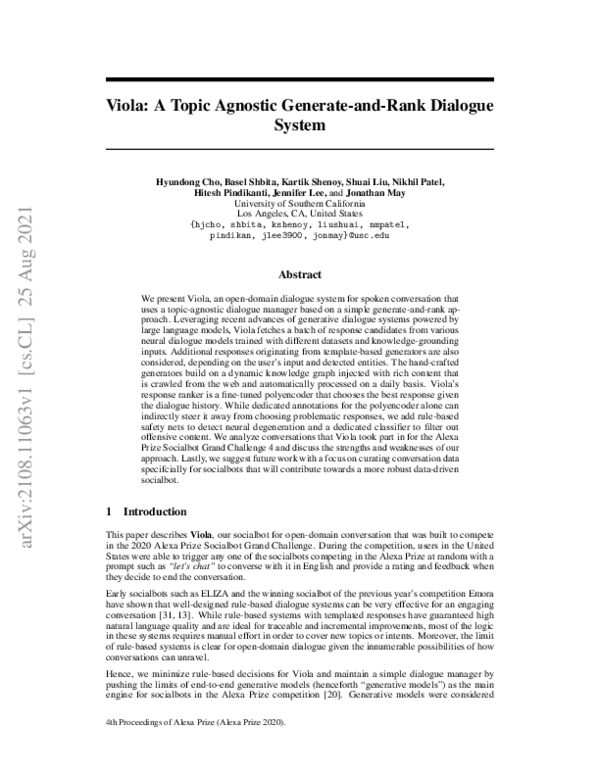 (PDF) Viola: A Topic Agnostic Generate-and-Rank Dialogue System