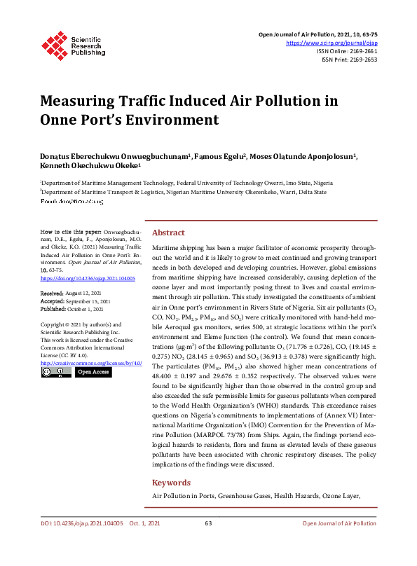 (PDF) Measuring Traffic Induced Air Pollution in Onne Port’s Environment