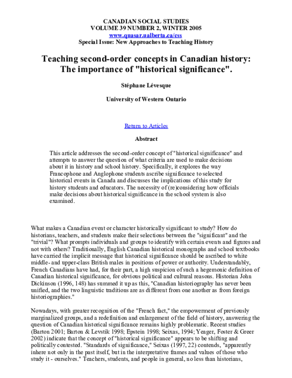 (PDF) Teaching second-order concepts in Canadian history: The ...
