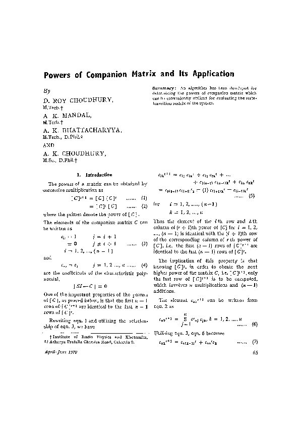 (PDF) Powers of companion matrix and its application