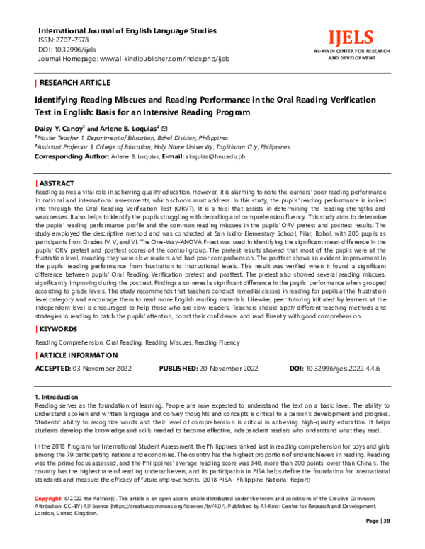 (PDF) Identifying Reading Miscues and Reading Performance in the Oral ...