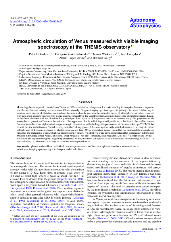 (PDF) Atmospheric circulation of Venus measured with visible imaging ...