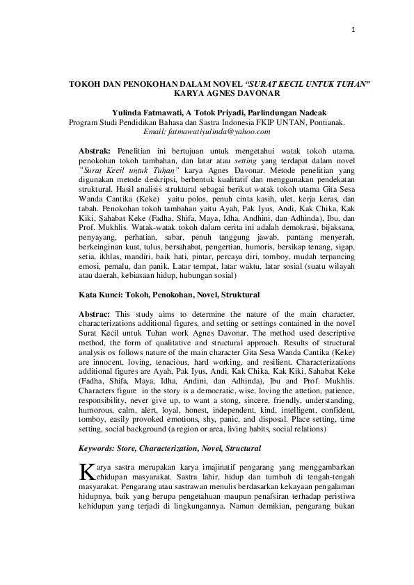 (PDF) Tokoh Dan Penokohan Dalam Novel “Surat Kecil Untuk Tuhan” Karya Agnes Davonar