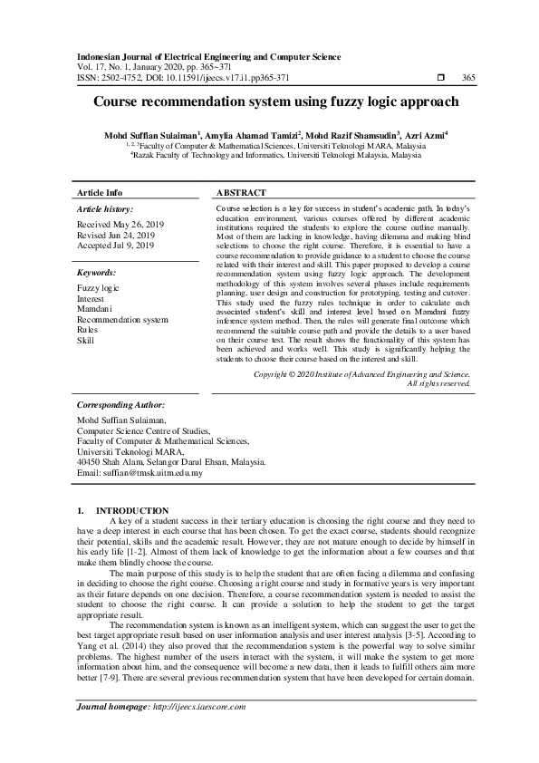 Pdf Course Recommendation System Using Fuzzy Logic Approach
