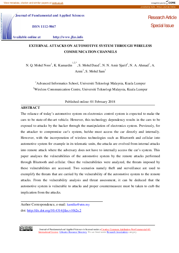 (PDF) External Attacks on Automotive System Through Wireless ...