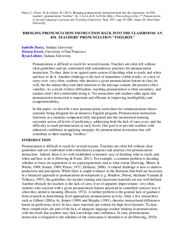 (PDF) Bringing pronunciation instruction back into the classroom: An ESL teachers’ pronunciation ...