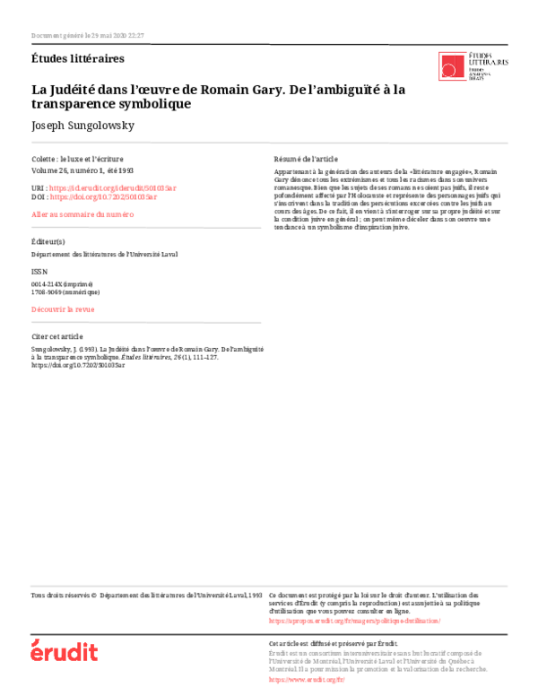 (PDF) La Judéité dans l’œuvre de Romain Gary. De l’ambiguïté à la ...