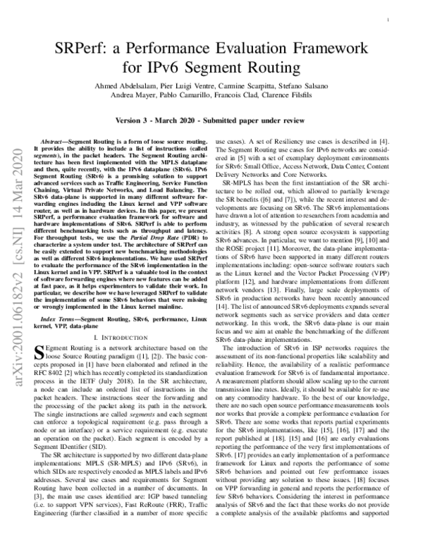Pdf Srperf A Performance Evaluation Framework For Ipv6 Segment Routing