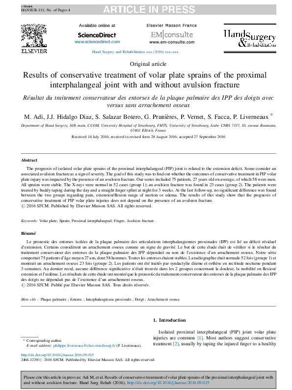 Pdf Results Of Conservative Treatment Of Volar Plate Sprains Of The Proximal Interphalangeal