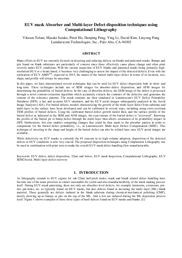 (PDF) EUV mask absorber and multi-layer defect disposition techniques ...