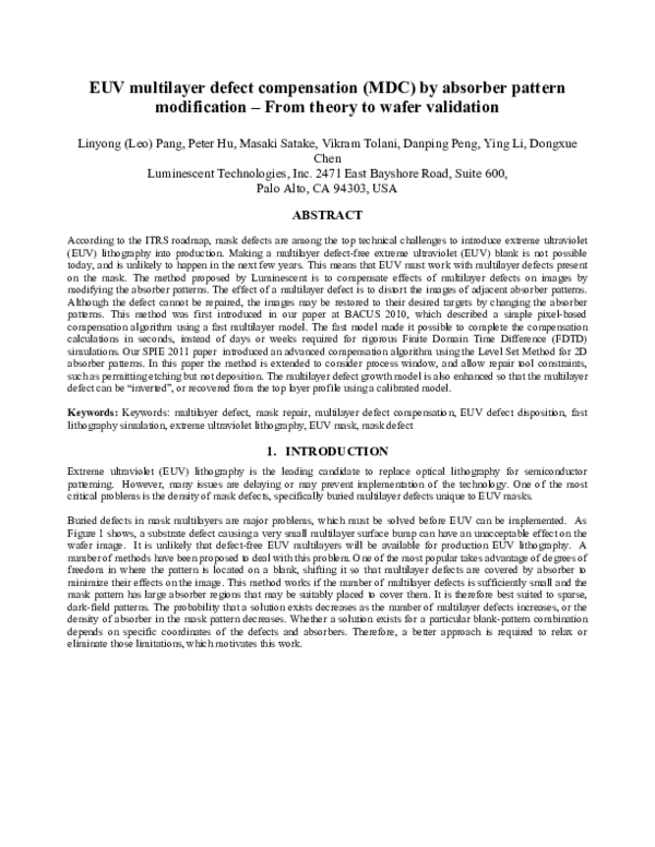 Pdf Euv Multilayer Defect Compensation Mdc By Absorber Pattern Modification From Theory To