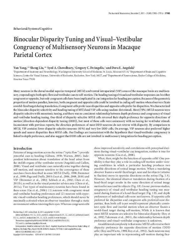 (PDF) Binocular Disparity Tuning and Visual-Vestibular Congruency of Multisensory Neurons in ...