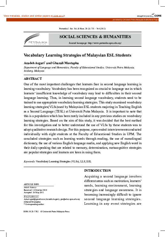 (PDF) Vocabulary Learning Strategies of Malaysian ESL Students (PDF) Vocabulary Learning Strategies of Malaysian ESL Students