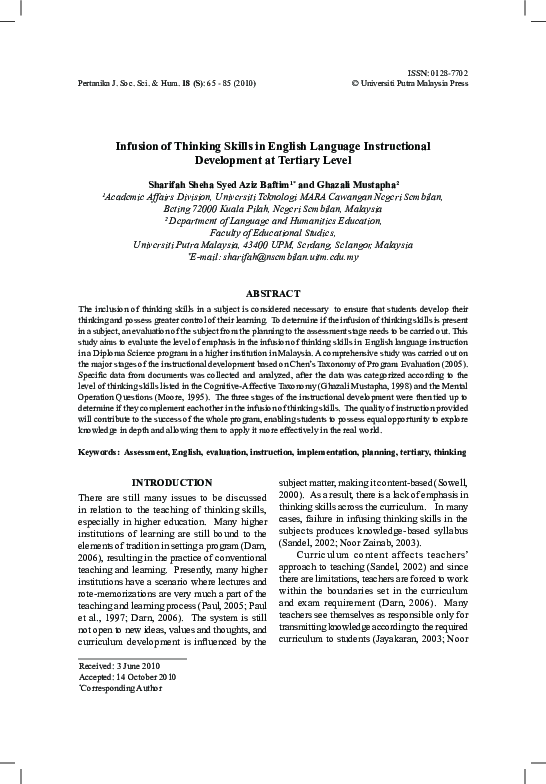 (PDF) Infusion of Thinking Skills in English Language Instructional ...