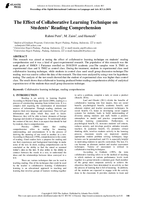 (PDF) The Effect of Collaborative Learning Technique on Students’ Reading Comprehension