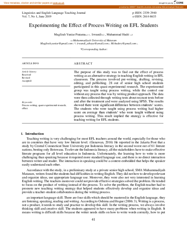 (PDF) Experimenting the Effect of Process Writing on EFL Students