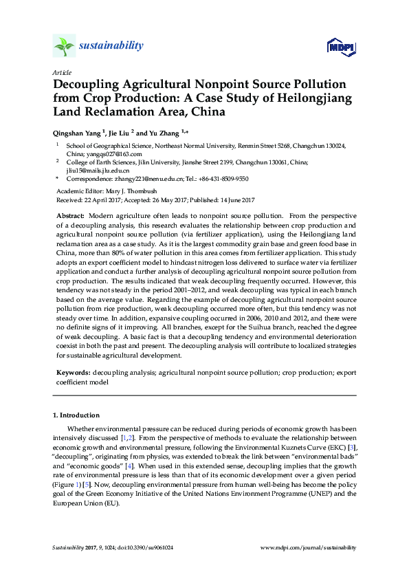 (PDF) Decoupling Agricultural Nonpoint Source Pollution from Crop Production: A Case Study of ...