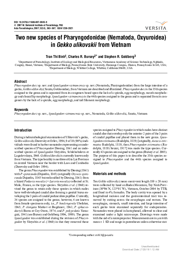 (PDF) Two new species of Pharyngodonidae (Nematoda, Oxyuroidea) in ... (PDF) Two new species of Pharyngodonidae (Nematoda, Oxyuroidea) in ...