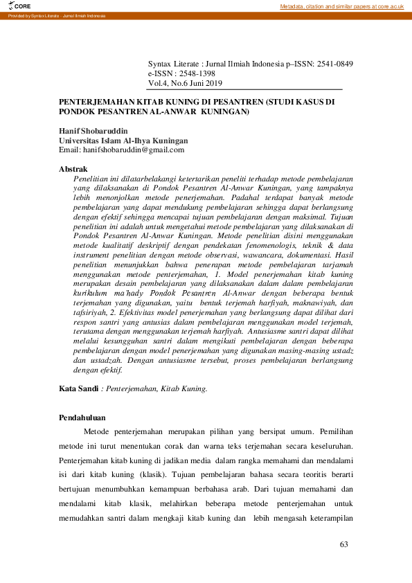 (PDF) Penterjemahan Kitab Kuning DI Pesantren (Studi Kasus DI Pondok Pesantren Al-Anwar Kuningan ...