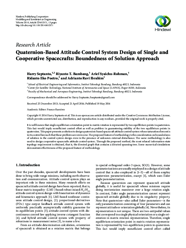 (PDF) Quaternion-Based Attitude Control System Design of Single and ...