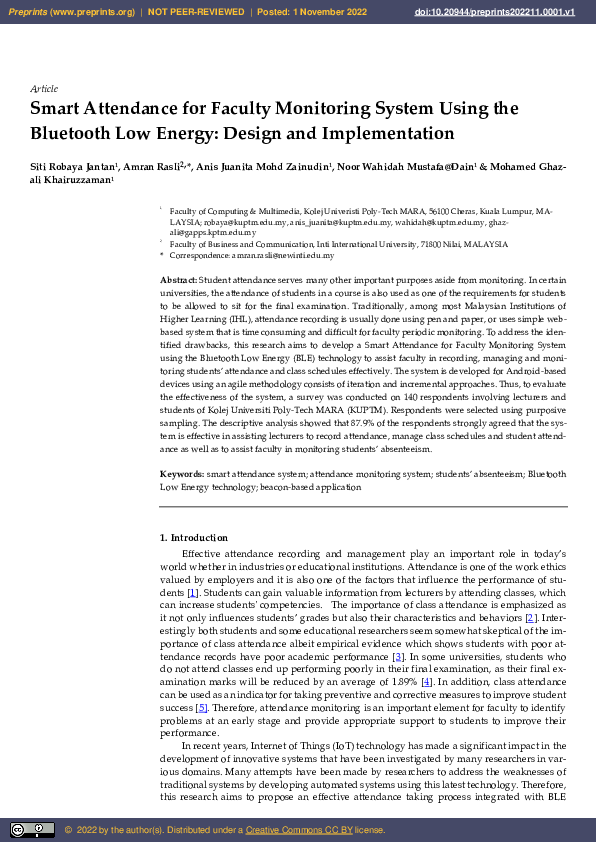 (PDF) Smart Attendance for Faculty Monitoring System Using the Bluetooth Low Energy: Design and ...