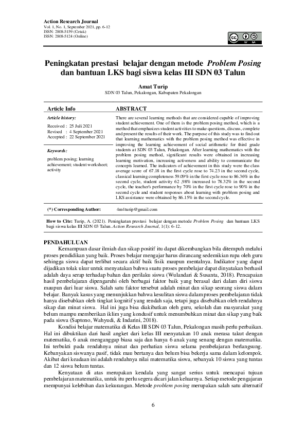 (PDF) Peningkatan prestasi belajar dengan metode Problem Posing dan bantuan LKS bagi siswa kelas ...