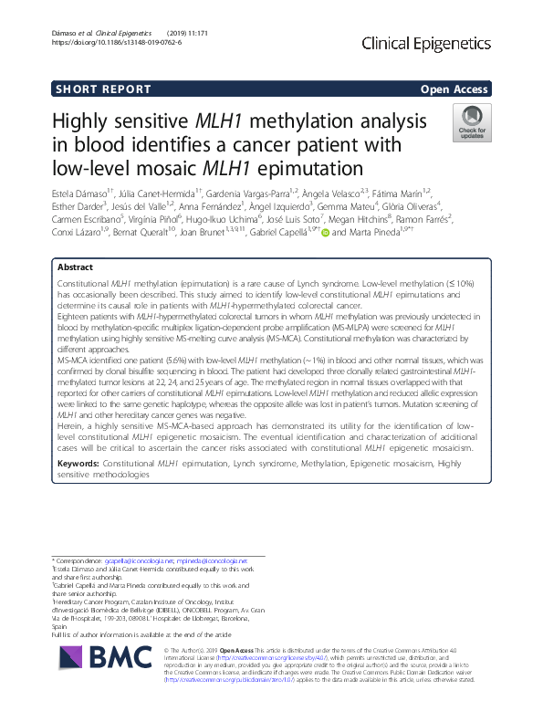 (PDF) Highly sensitive MLH1 methylation analysis in blood identifies a ...