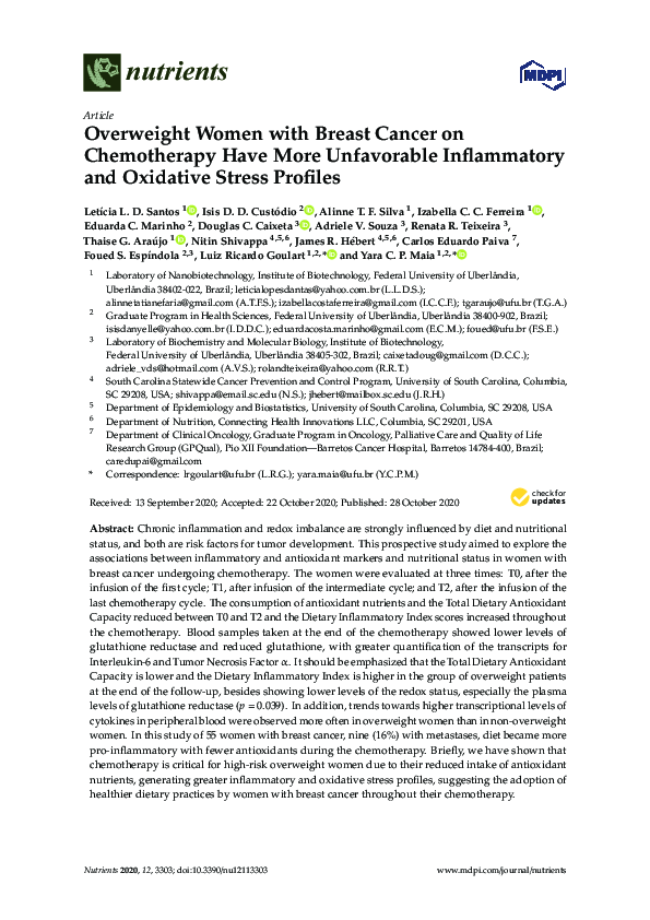 (PDF) Overweight Women with Breast Cancer on Chemotherapy Have More Unfavorable Inflammatory and ...