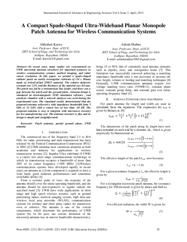 (PDF) A Compact Spade-Shaped Ultra-Wideband Planar Monopole Patch Antenna for Wireless ...