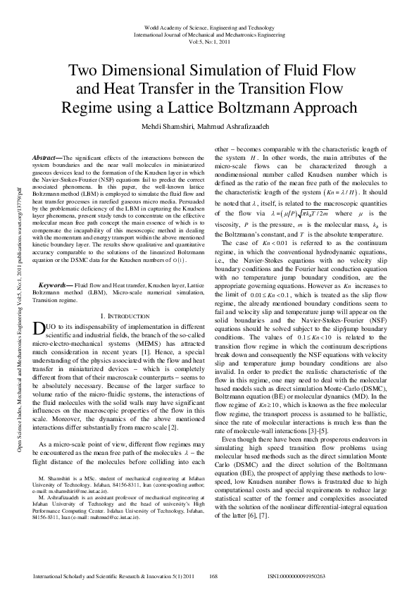 (PDF) Two Dimensional Simulation Of Fluid Flow And Heat Transfer In The Transition Flow Regime ...