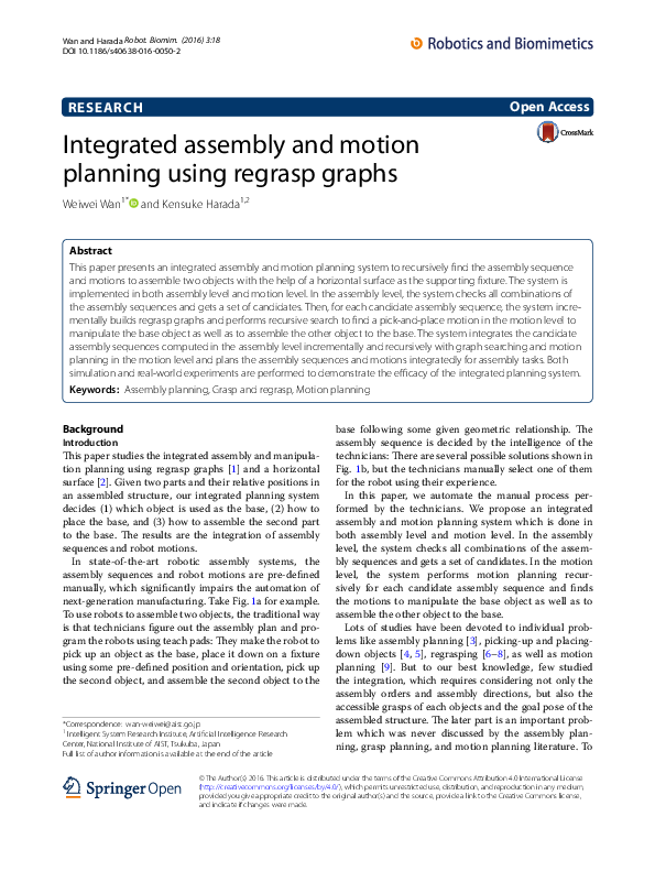 (PDF) Integrated assembly and motion planning using regrasp graphs