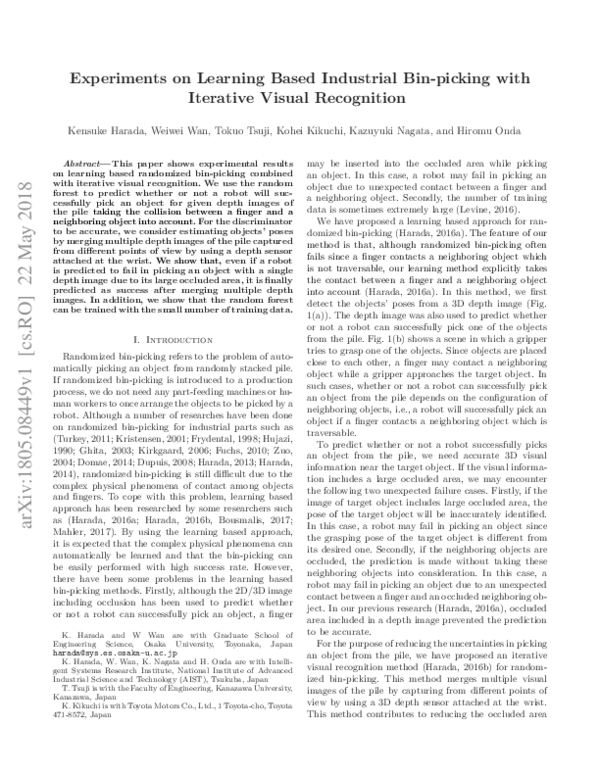 (PDF) Experiments on learning-based industrial bin-picking with iterative visual recognition