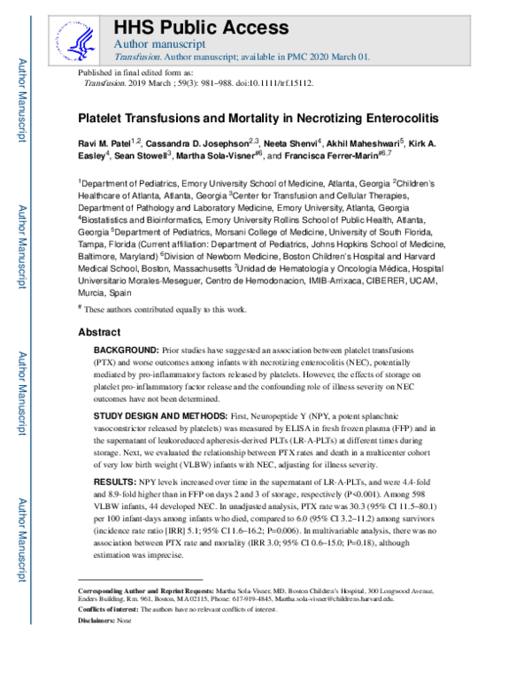 (PDF) Platelet transfusions and mortality in necrotizing enterocolitis