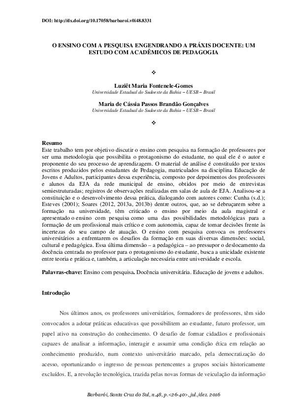 (PDF) O ensino com a pesquisa engendrando a práxis docente: um estudo ...