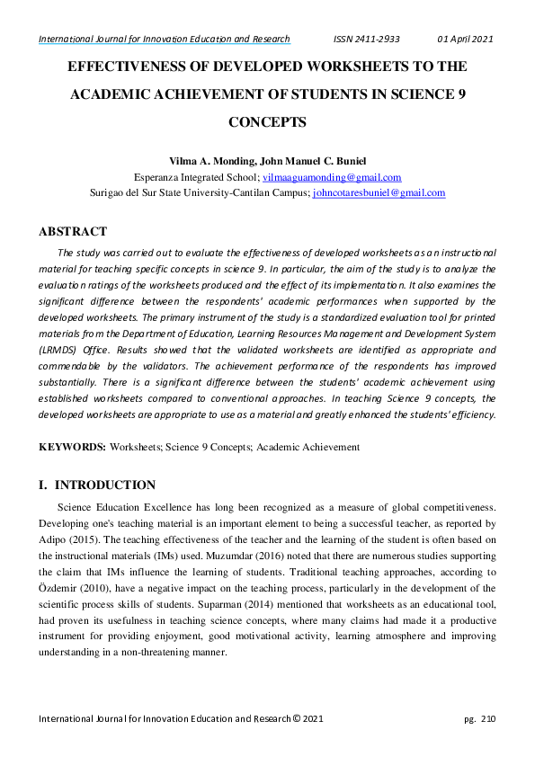(PDF) Effectiveness of Developed Worksheets to the Academic Achievement ...