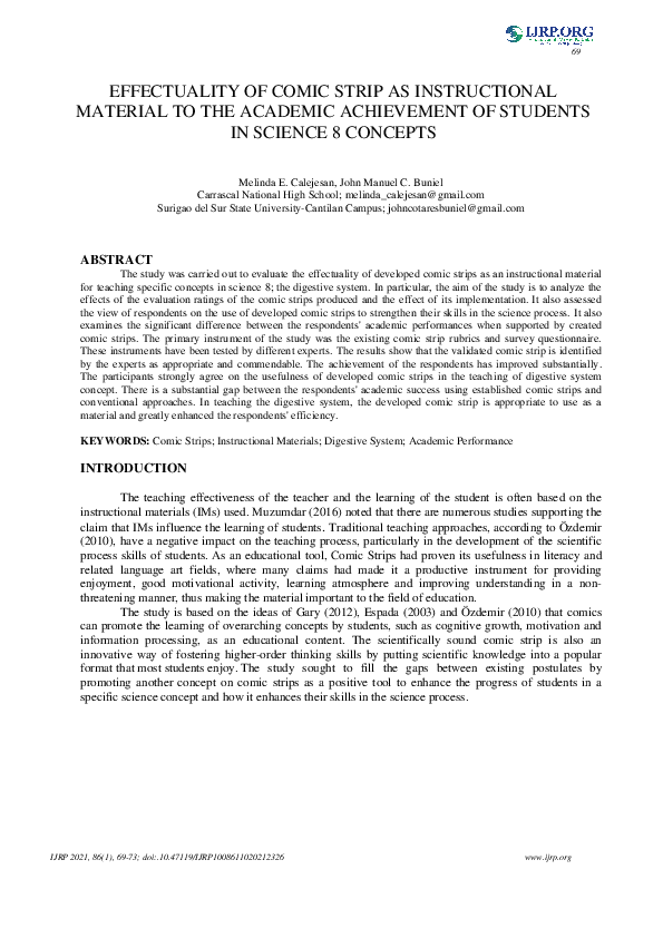 (PDF) Effectuality of Comic Strip as Instructional Material to the ...