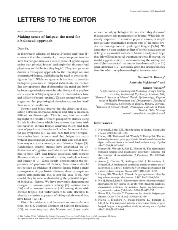 (PDF) Making sense of fatigue: the need for a balanced approach | Dear ...