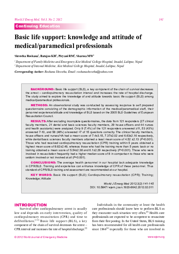 (PDF) Basic life support: knowledge and attitude of medical/paramedical ...
