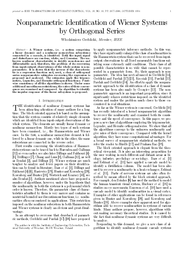 (PDF) Nonparametric identification of Wiener systems by orthogonal series